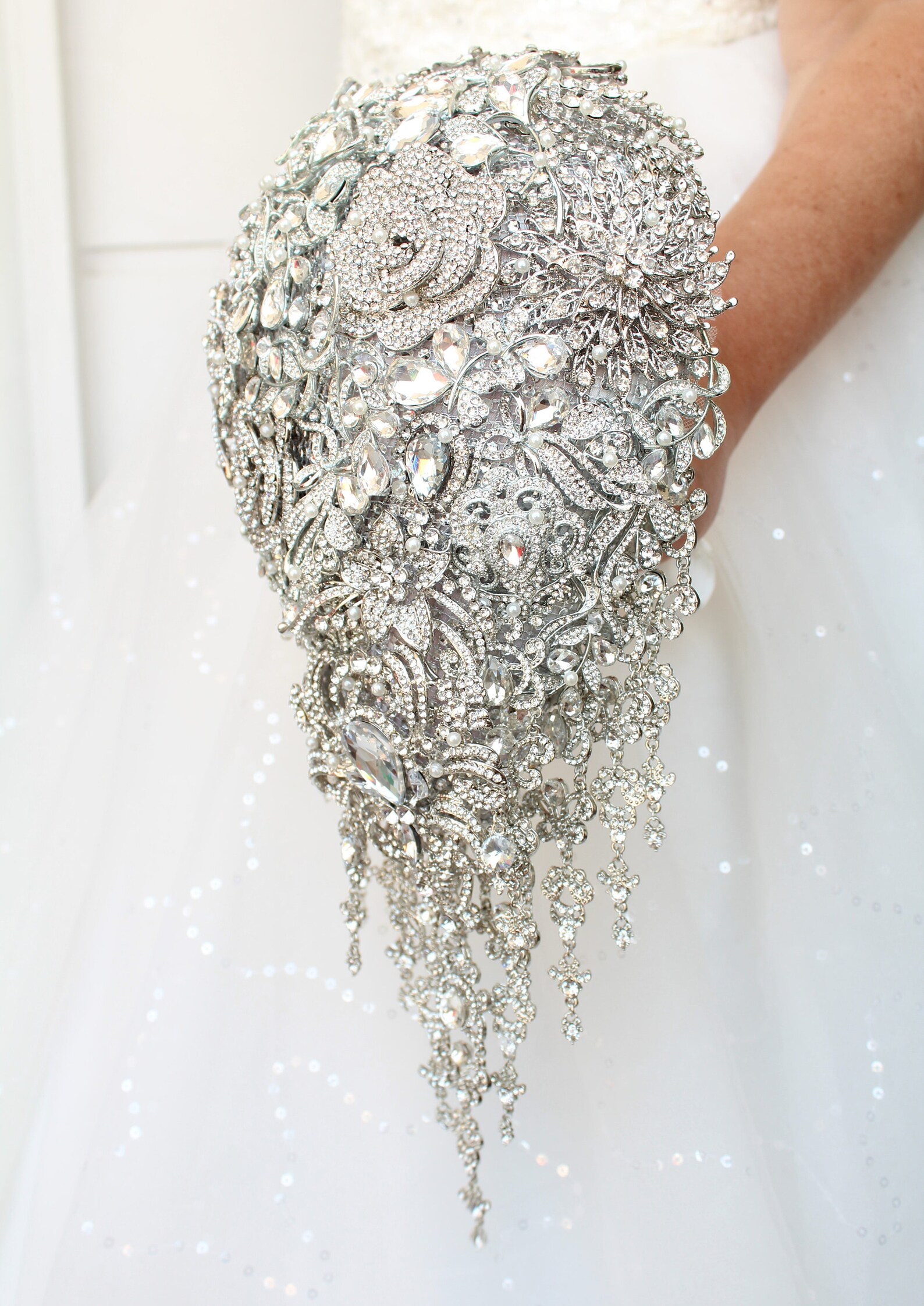 Silver Brooch Wedding Bouquet: Crystal Cascade, Bling Bridal Bouquet - Etsy