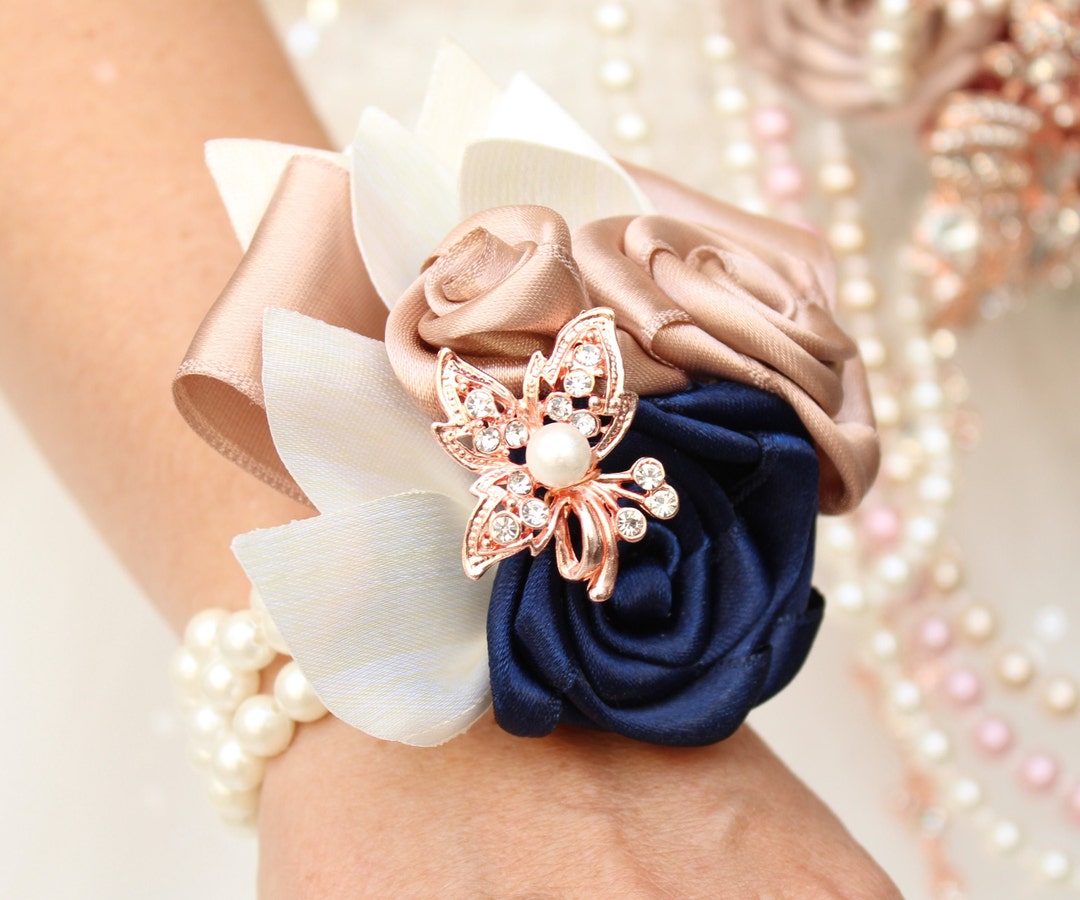 Bridesmaids Corsage Navy Blue Champagne Rose Gold, Prom Bracelet ...