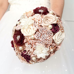 Burgundy Wedding Bouquet. Burgundy Blush Pink Bouquet. Rose Gold Brooch ...