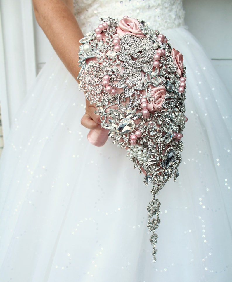 Brooch Bouquet Dusty Rose Silver. Blush Pink Cascade Bling - Etsy