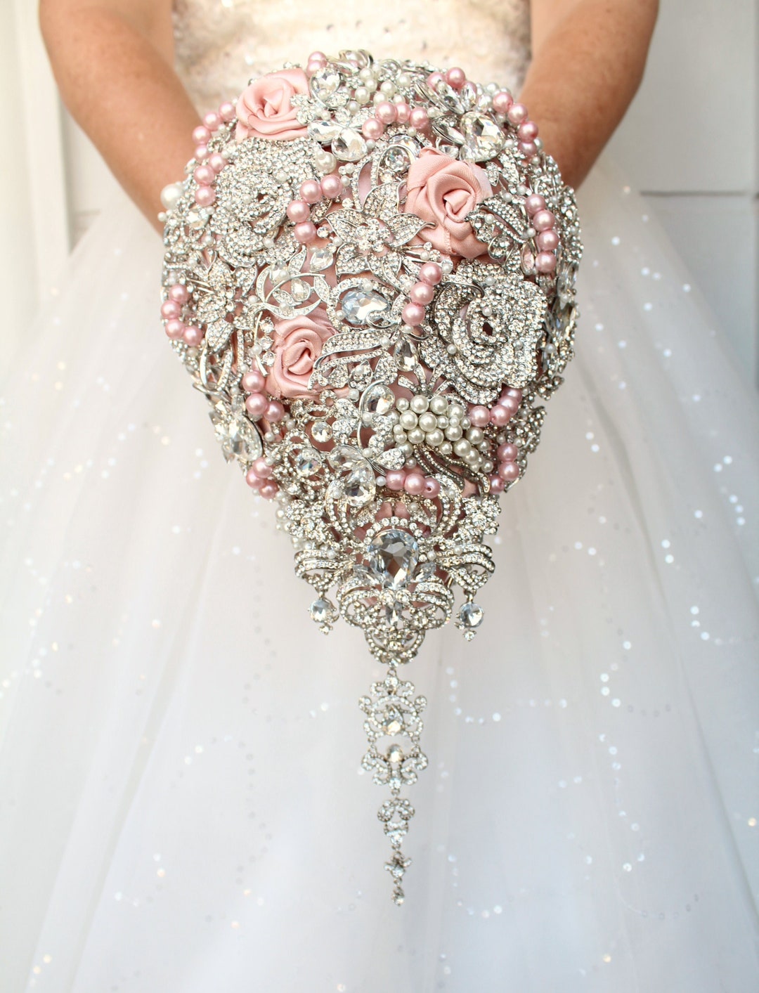 Brooch Bouquet Dusty Rose Silver. Blush Pink Cascade Bling Princess ...