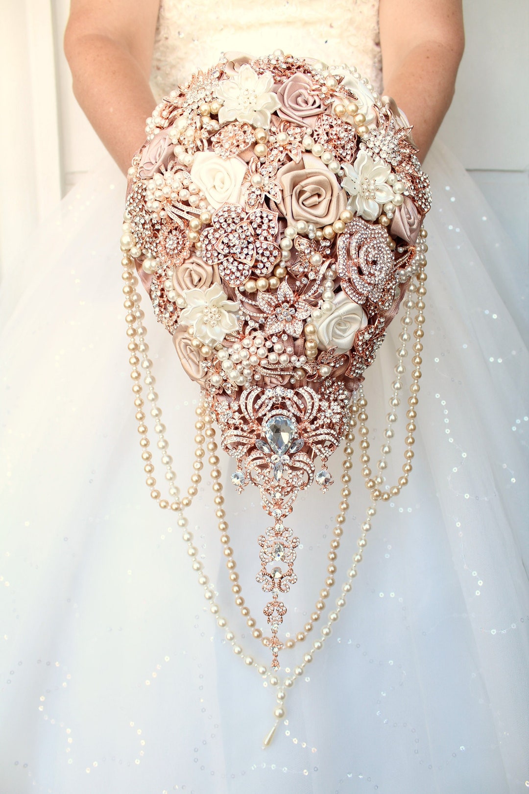 Rose Gold Wedding Brooch Bouquet. Champagne Ivory Cascade Rose Gold ...