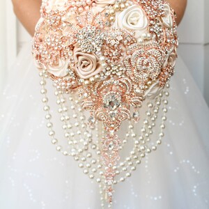 Ivory Rose Gold Elegant Brooch Bouquet. Pearl Cascading Vintage Style ...