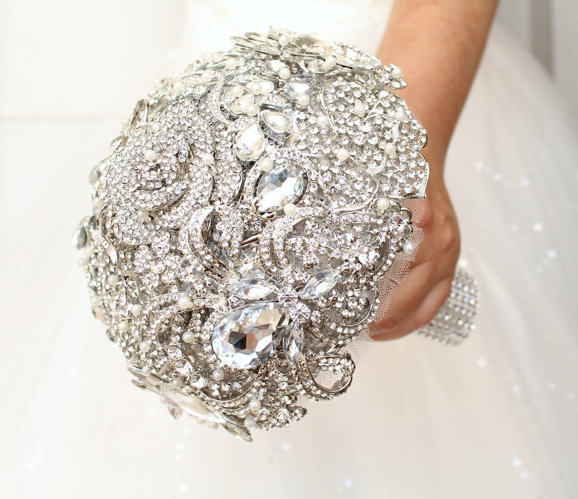 Brooch Bouquet Dusty Rose Silver. Blush Pink Cascade Bling - Etsy