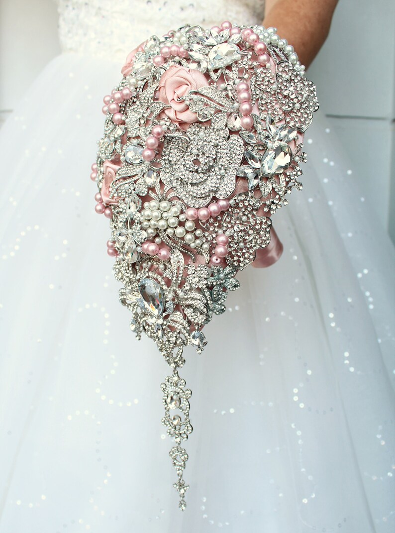 Brooch Bouquet Dusty Rose Silver. Blush Pink Cascade Bling - Etsy