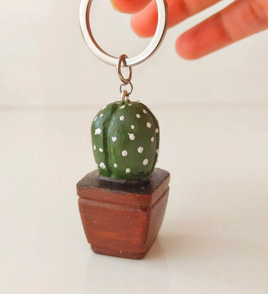 Hand Carved and Painted Wooden Cactus Key Ring. - Etsy