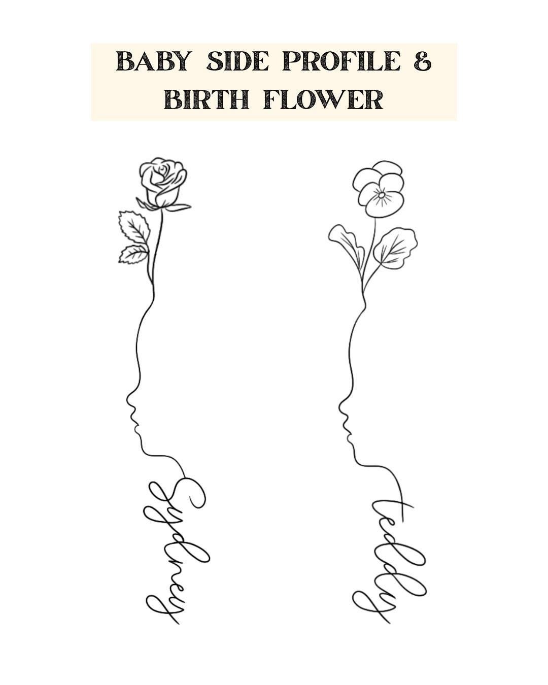 Baby Side Profile Line Art, Custom Birth Flower, Birth Flower Tattoo ...