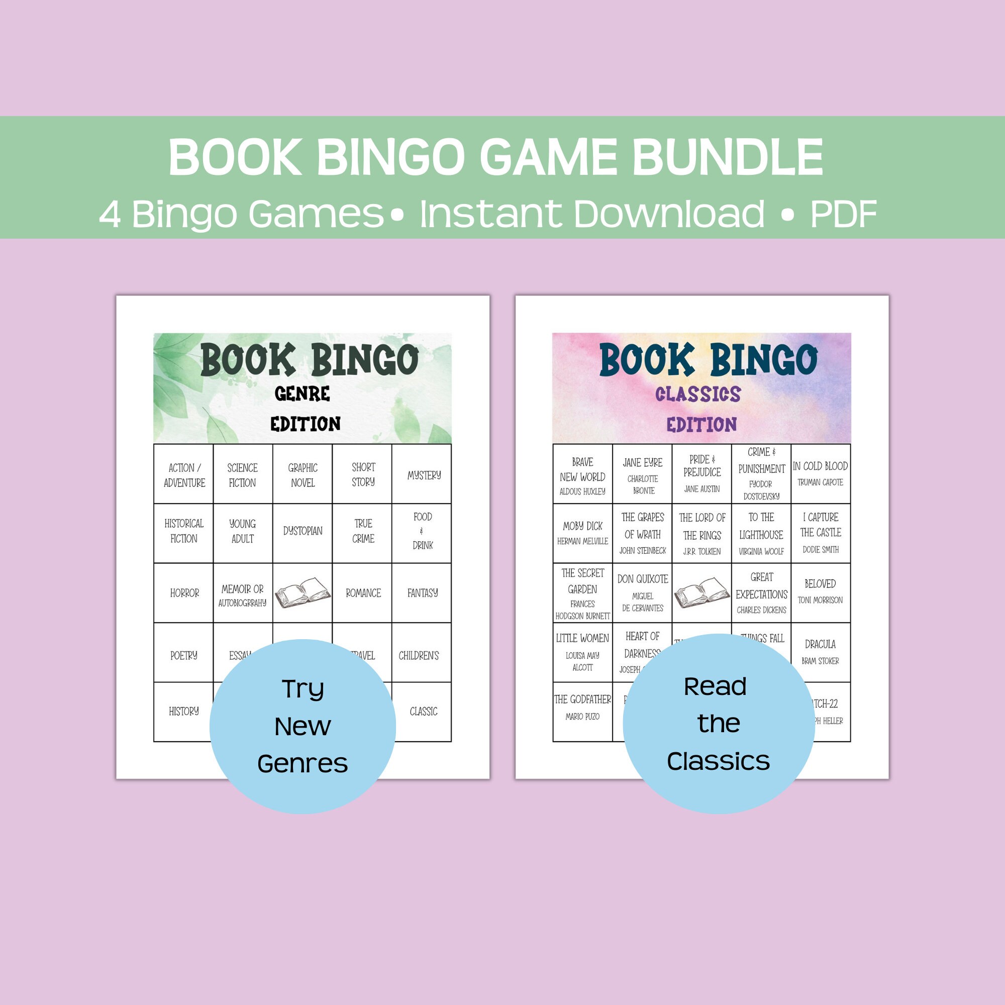 Book Bingo Game Bundle, 4 Games for Reading Lovers, Instant Pdf ...