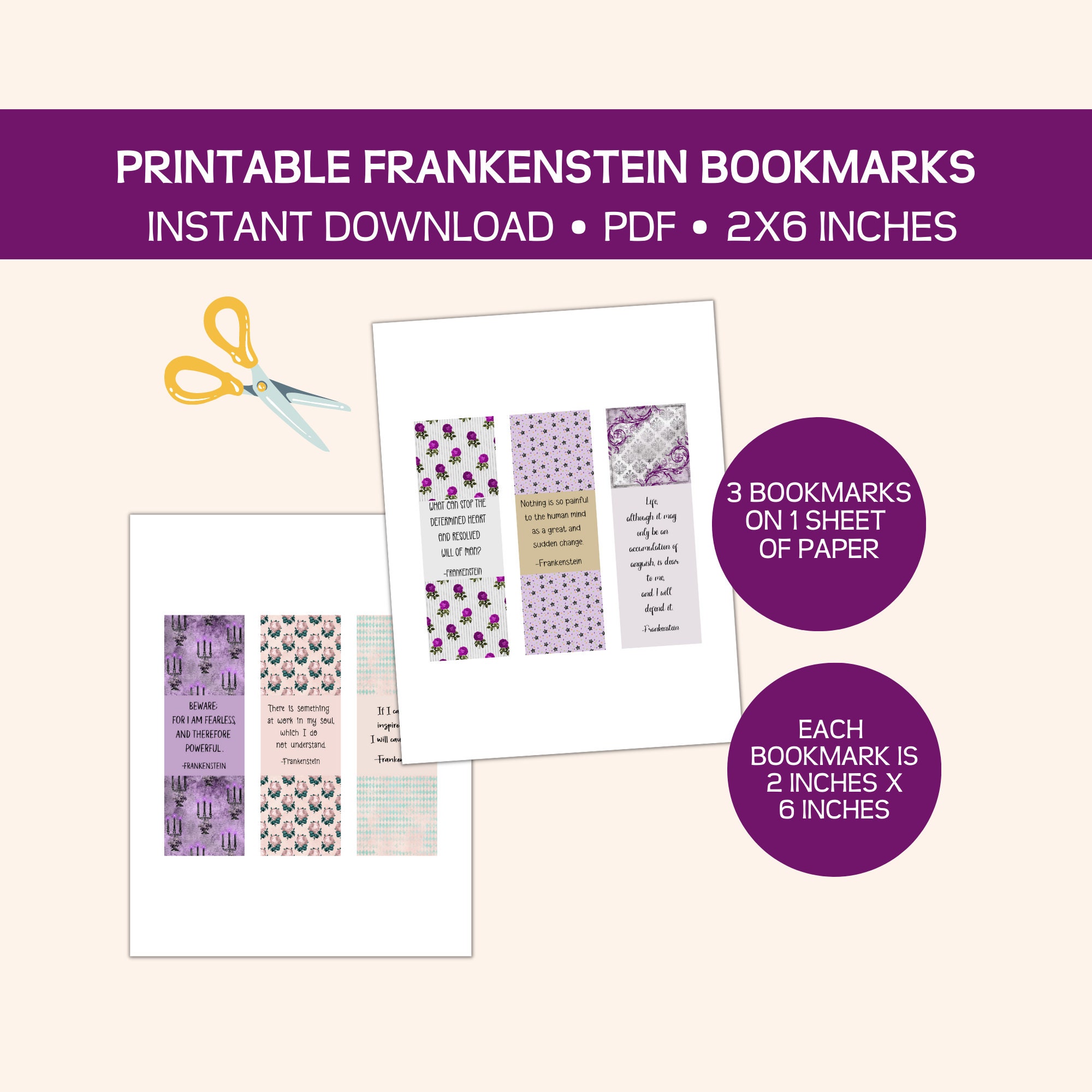 Printable Frankenstein Bookmarks, Mary Shelley, Gift for Book Lovers ...
