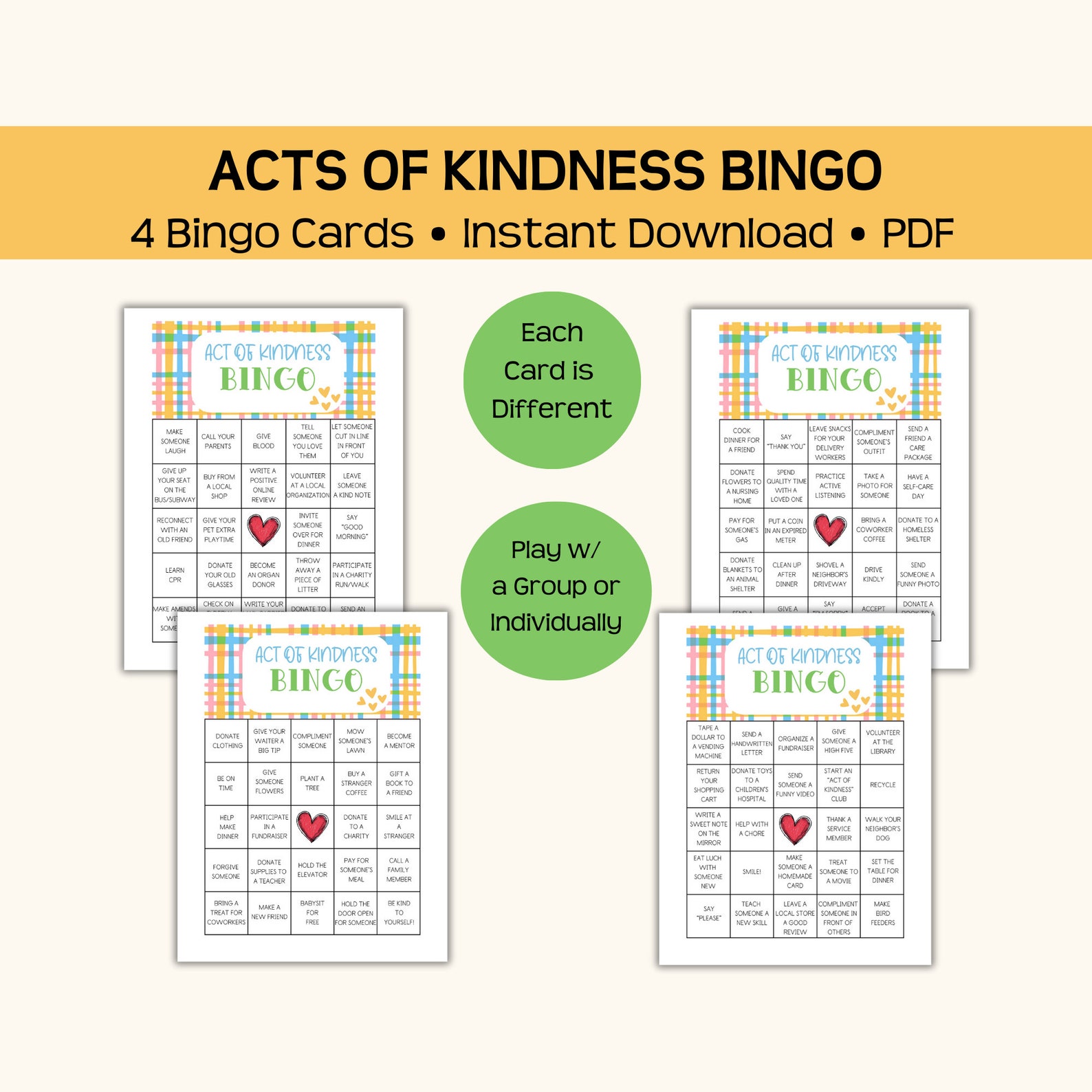 Printable Acts of Kindness Bingo Game, 4 Bingo Cards, Good Deeds, Pay ...