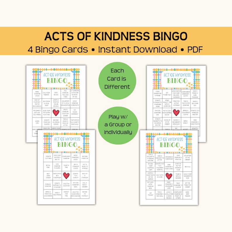 Printable Acts of Kindness Bingo Game, 4 Bingo Cards, Good Deeds, Pay ...