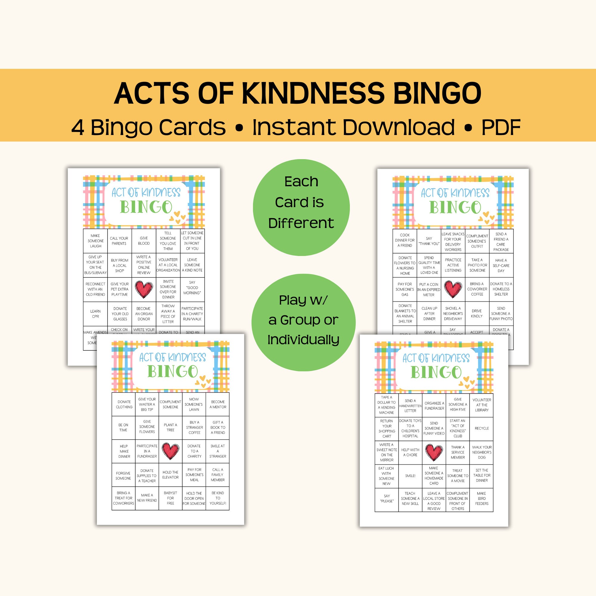 Printable Acts of Kindness Bingo Game, 4 Bingo Cards, Good Deeds, Pay ...