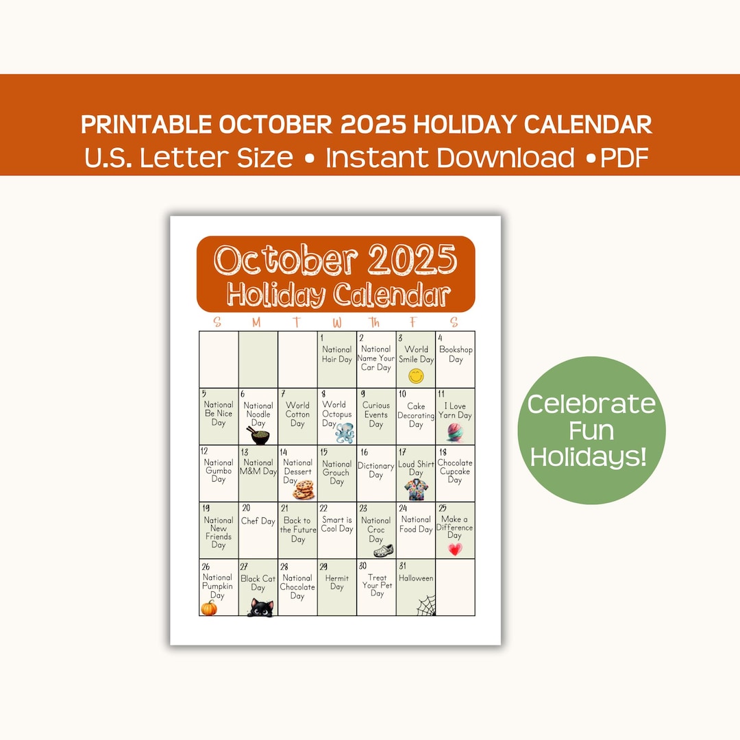Printable October 2025 Holiday Calendar Page, Fun, Whacky, and National ...