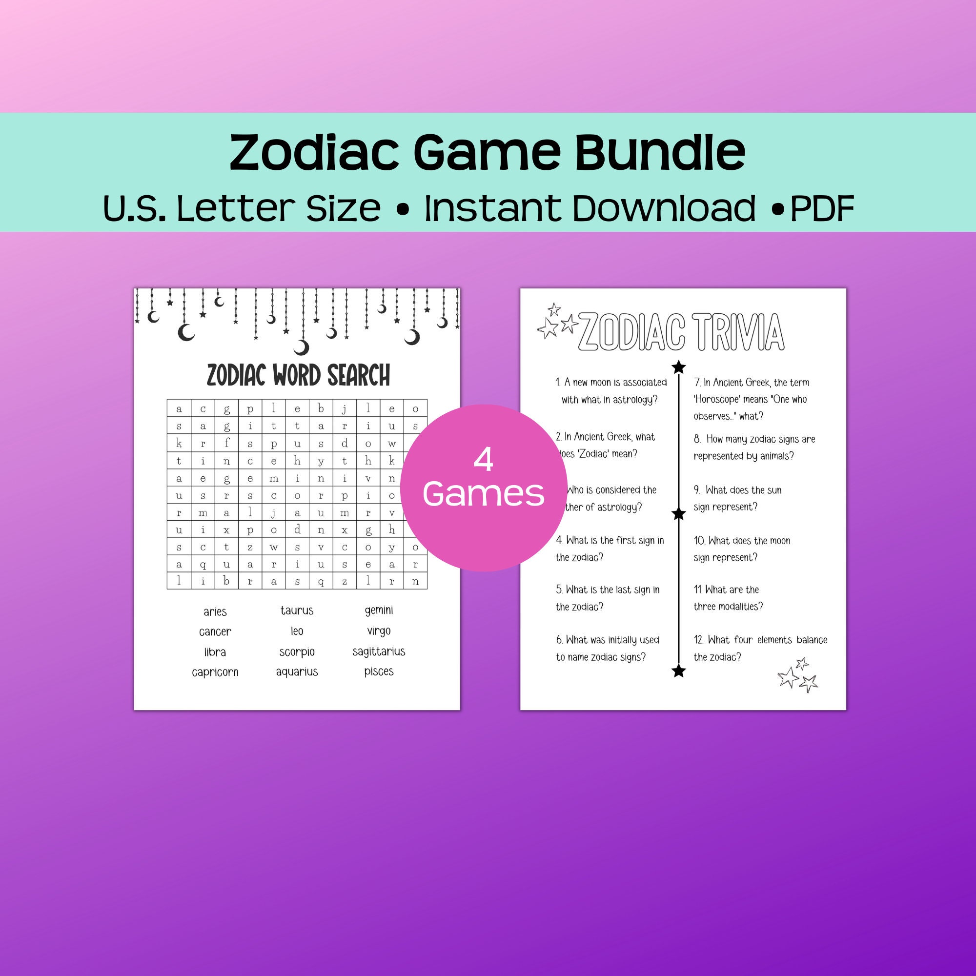 Zodiac Game Bundle: Astrology Trivia, Word Search (PDF Download) - Etsy