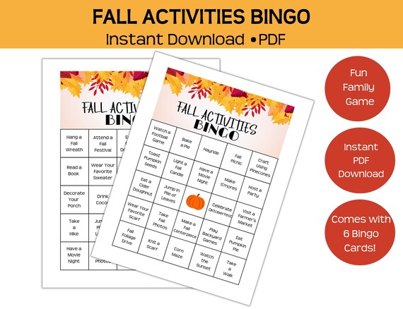 Fall Activities Bingo Fun Printable Game for Autumn Instant - Etsy