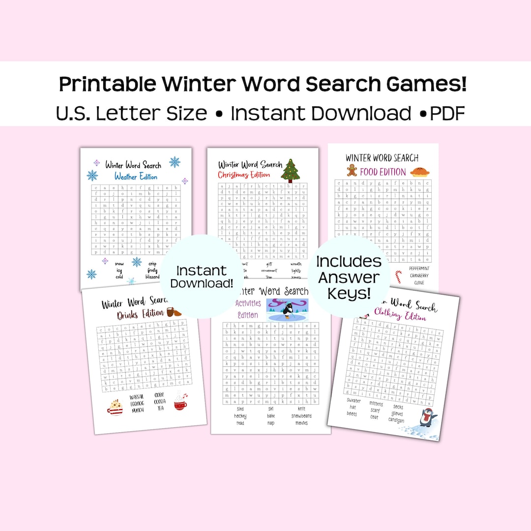 Printable Winter Word Search Bundle, 6 Printable Games, Instant Pdf ...