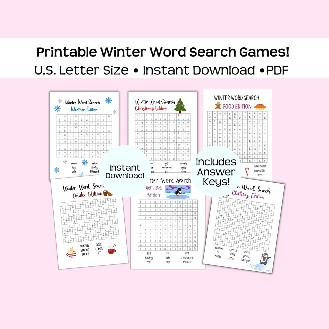 Printable Winter Word Search Bundle 6 Printable Games - Etsy