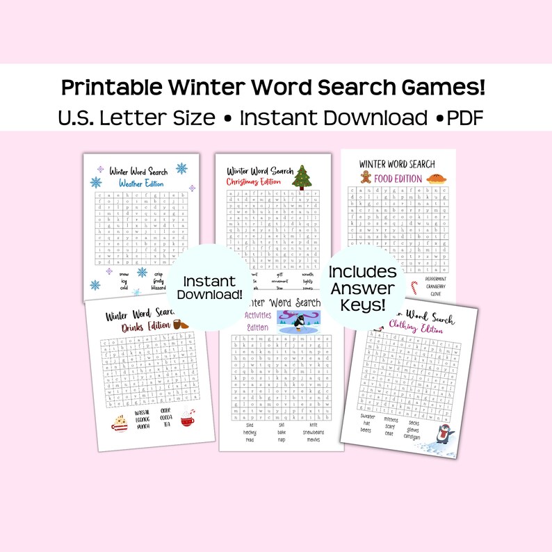Printable Winter Word Search Bundle 6 Printable Games - Etsy