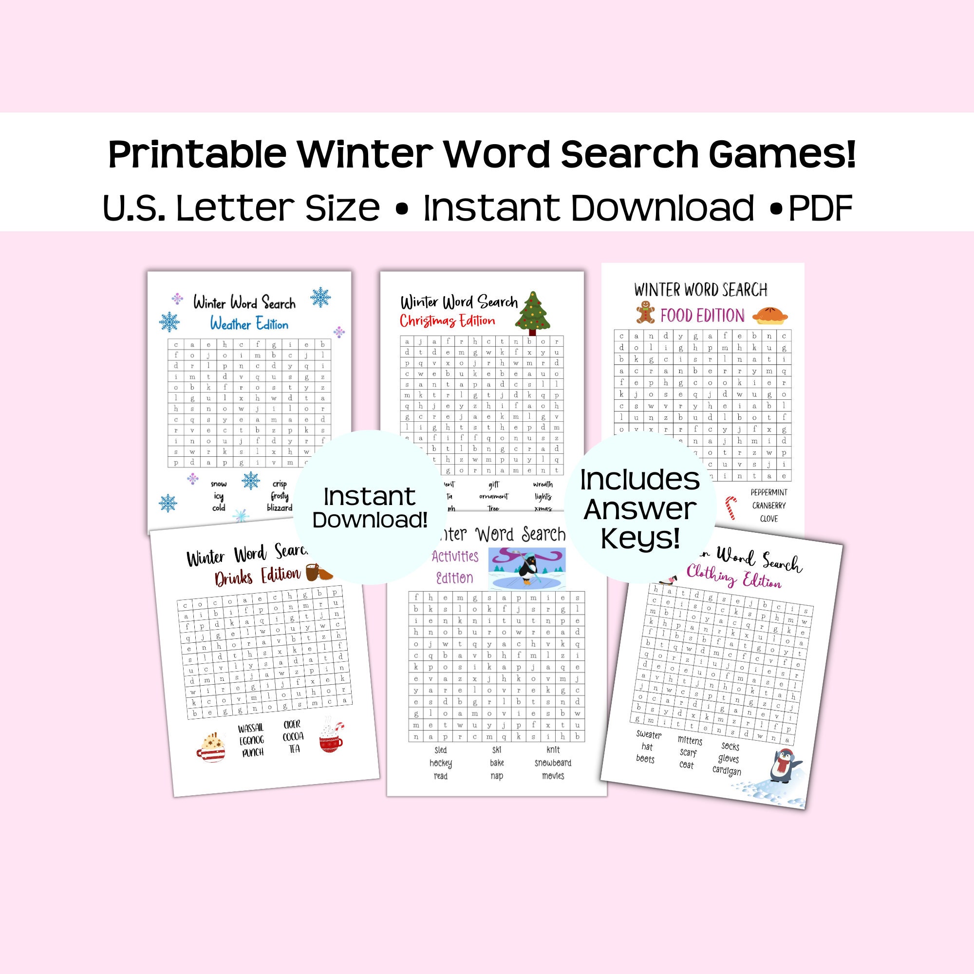 Printable Winter Word Search Bundle 6 Printable Games - Etsy