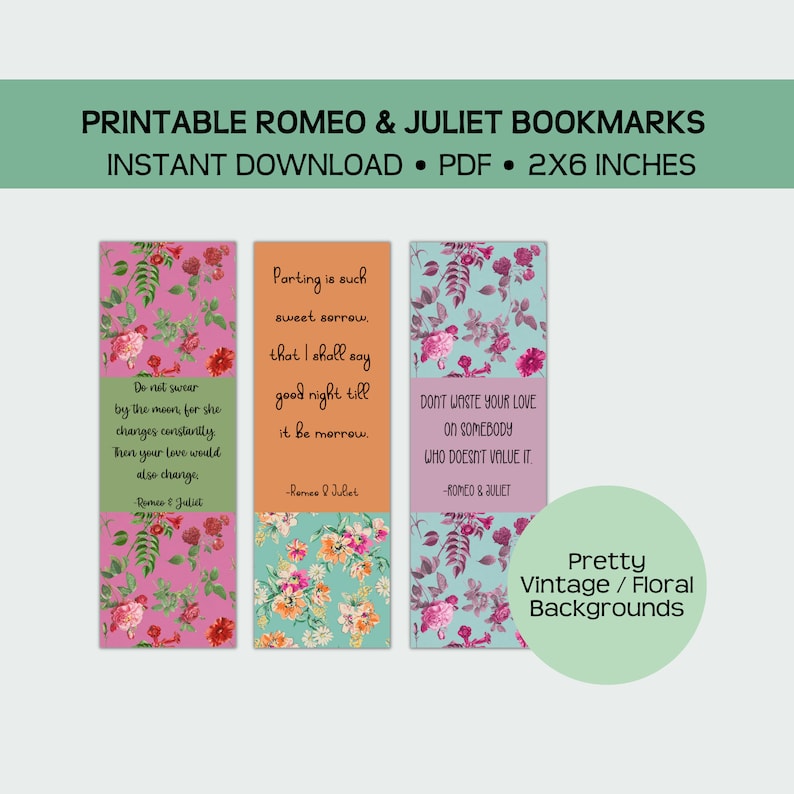 Romeo and Juliet Bookmarks: Shakespeare Quotes, Printable PDF - Etsy