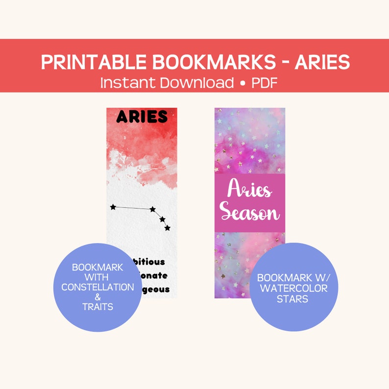 Printable Bookmarks, Aries Zodiac, Gift for Book Lovers and Astrology ...
