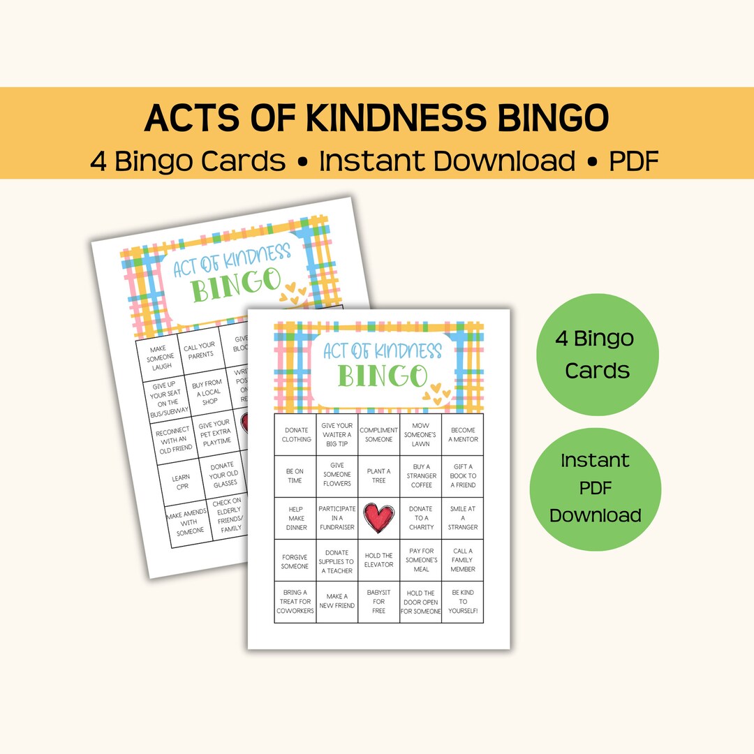 Printable Acts of Kindness Bingo Game, 4 Bingo Cards, Good Deeds, Pay ...