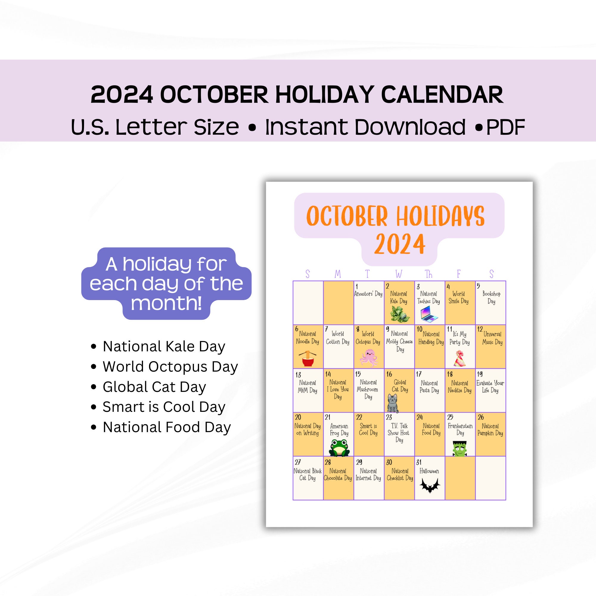 Printable October 2024 Holiday Calendar Page, Fun & Wacky Holidays ...