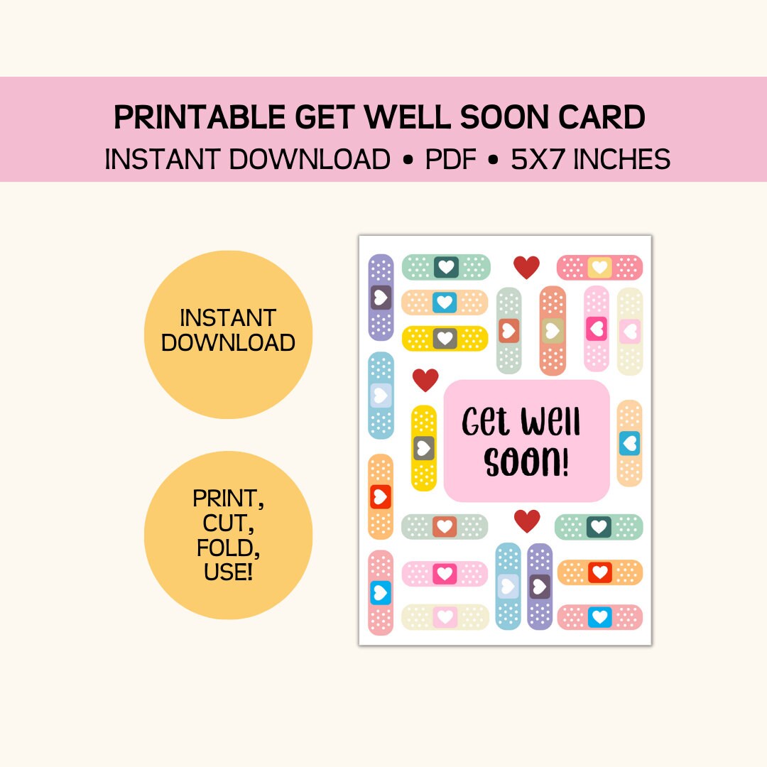 Printable Get Well Soon Card, Multi-color Bandages, Instant Pdf ...