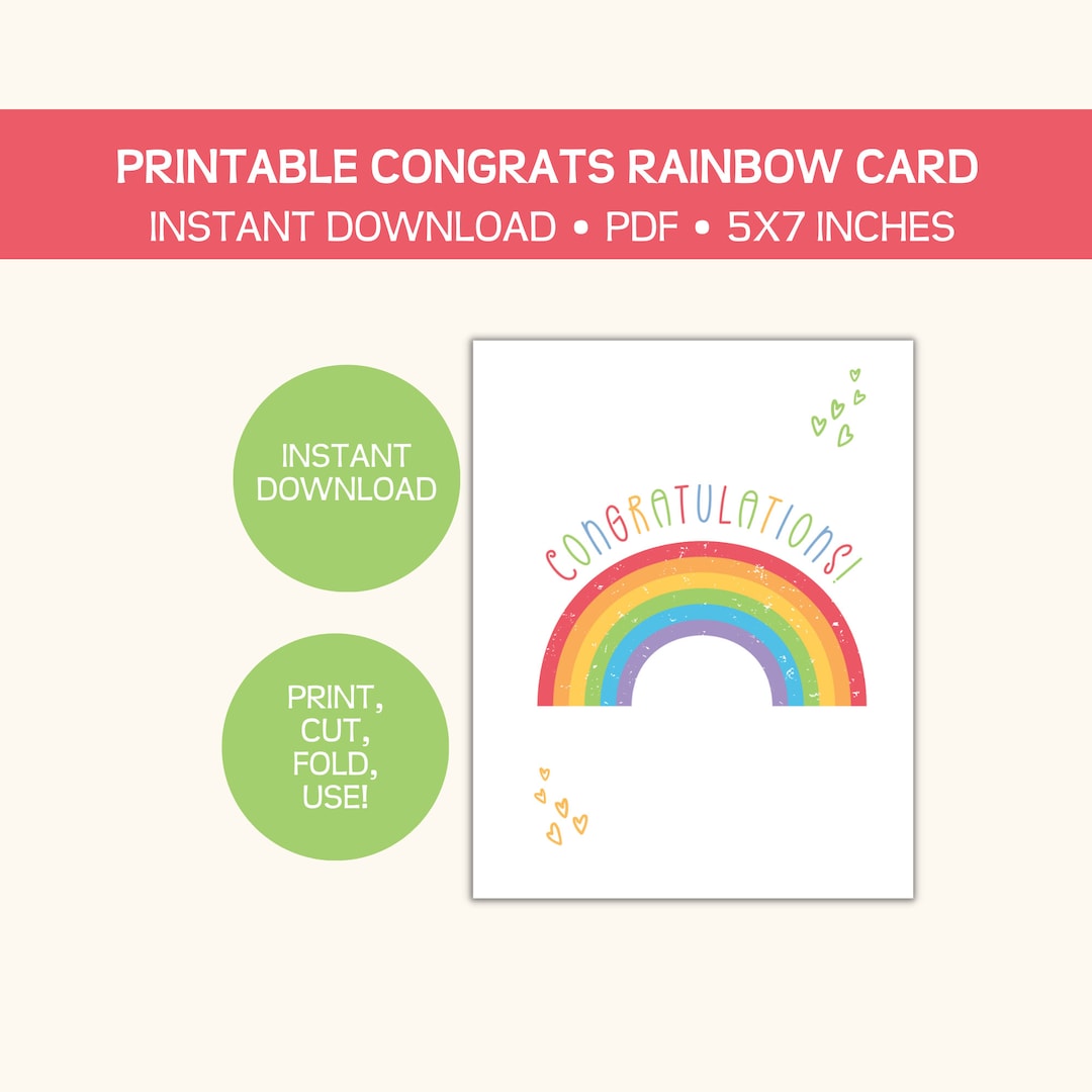 Printable Congratulations Card, Rainbow and Hearts Theme, Instant Pdf ...