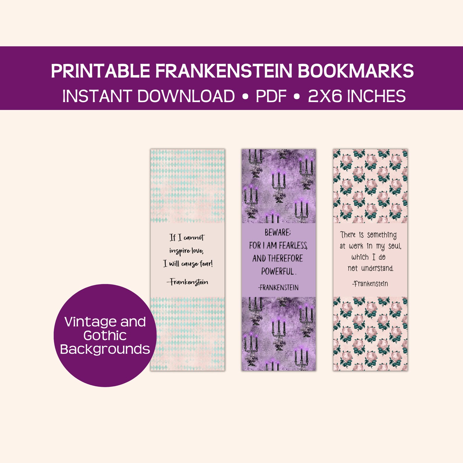 Printable Frankenstein Bookmarks: Gothic Horror, Mary Shelley (PDF ...