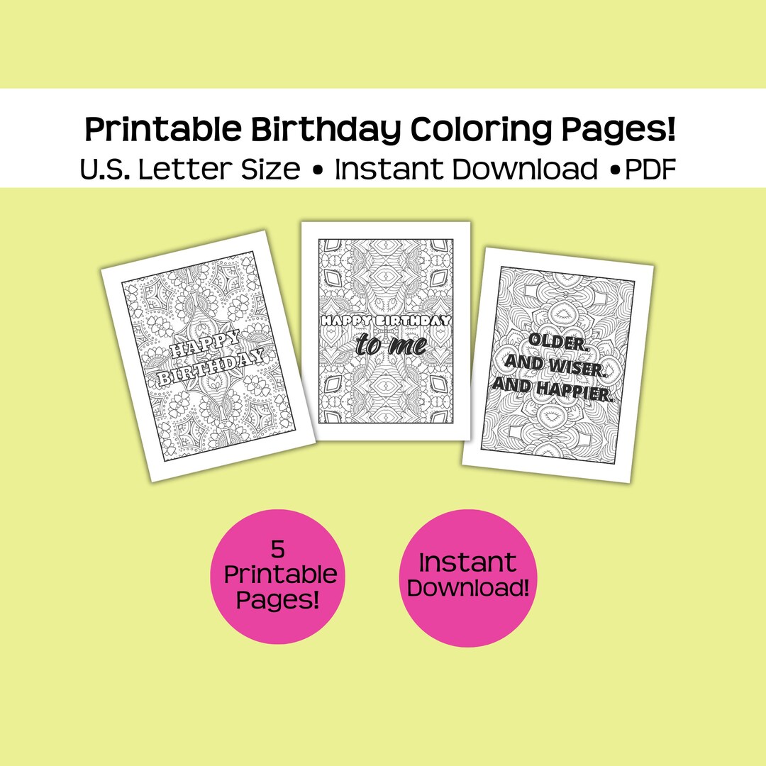 Printable Birthday Coloring Pages, Fun Phrases, 5 Sheets, Instant PDF ...