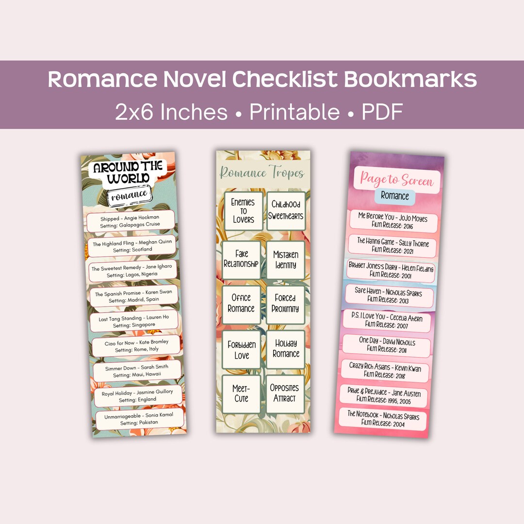 Printable Romance Novel Bookmarks, Instant Pdf Download, Gift for ...