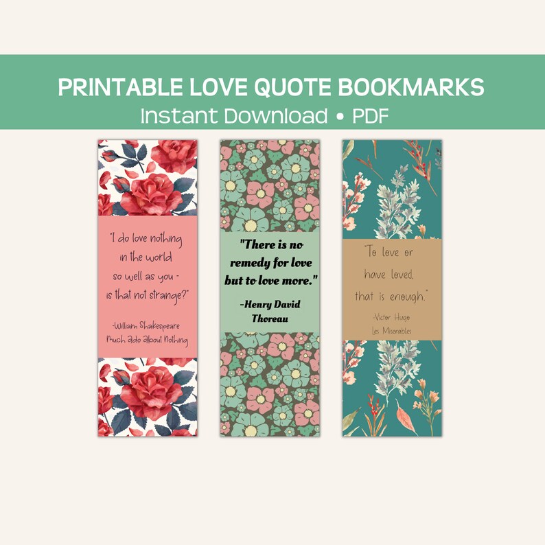 Romantic Literary Quote Bookmarks: Floral Reader Gift (PDF Downloadable ...