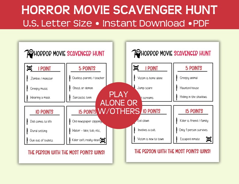 Printable Horror Movie Scavenger Hunt Game for Lovers of - Etsy