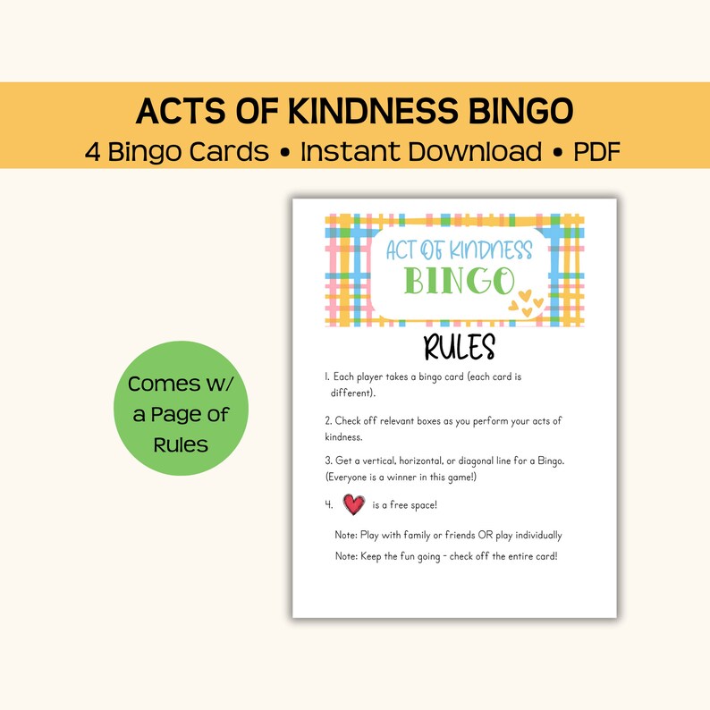 Printable Acts of Kindness Bingo Game, 4 Bingo Cards, Good Deeds, Pay ...