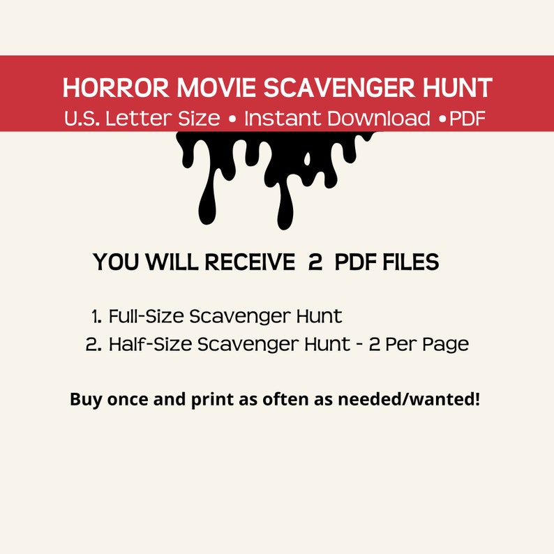 Printable Horror Movie Scavenger Hunt Game, for Lovers of Scary Movies ...