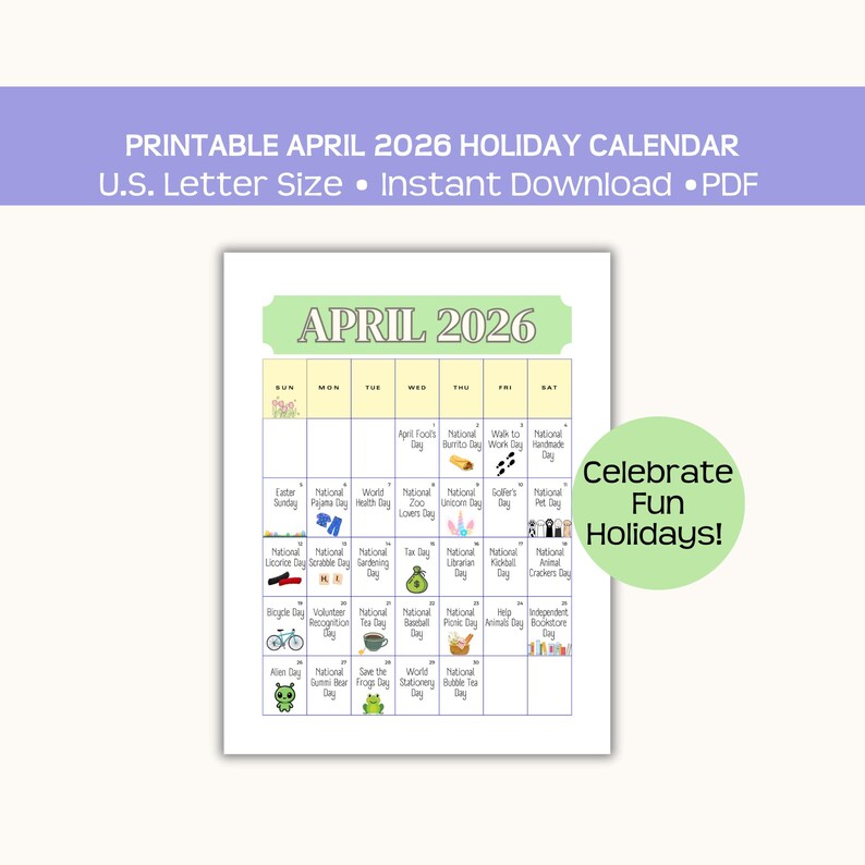 Printable April 2026 Holiday Calendar Page, Fun and Wacky Days, Instant ...