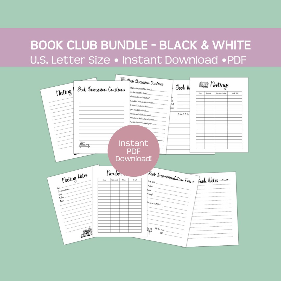 Book Club Planner Bundle, Black and White, Instant Pdf Download, Track ...