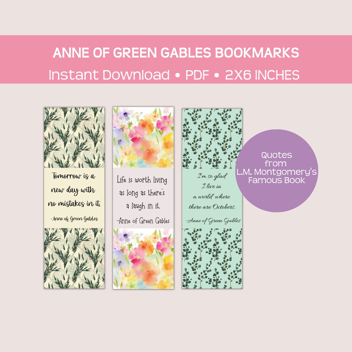 Printable Anne of Green Gables Bookmarks, L M Montgomery, Instant ...