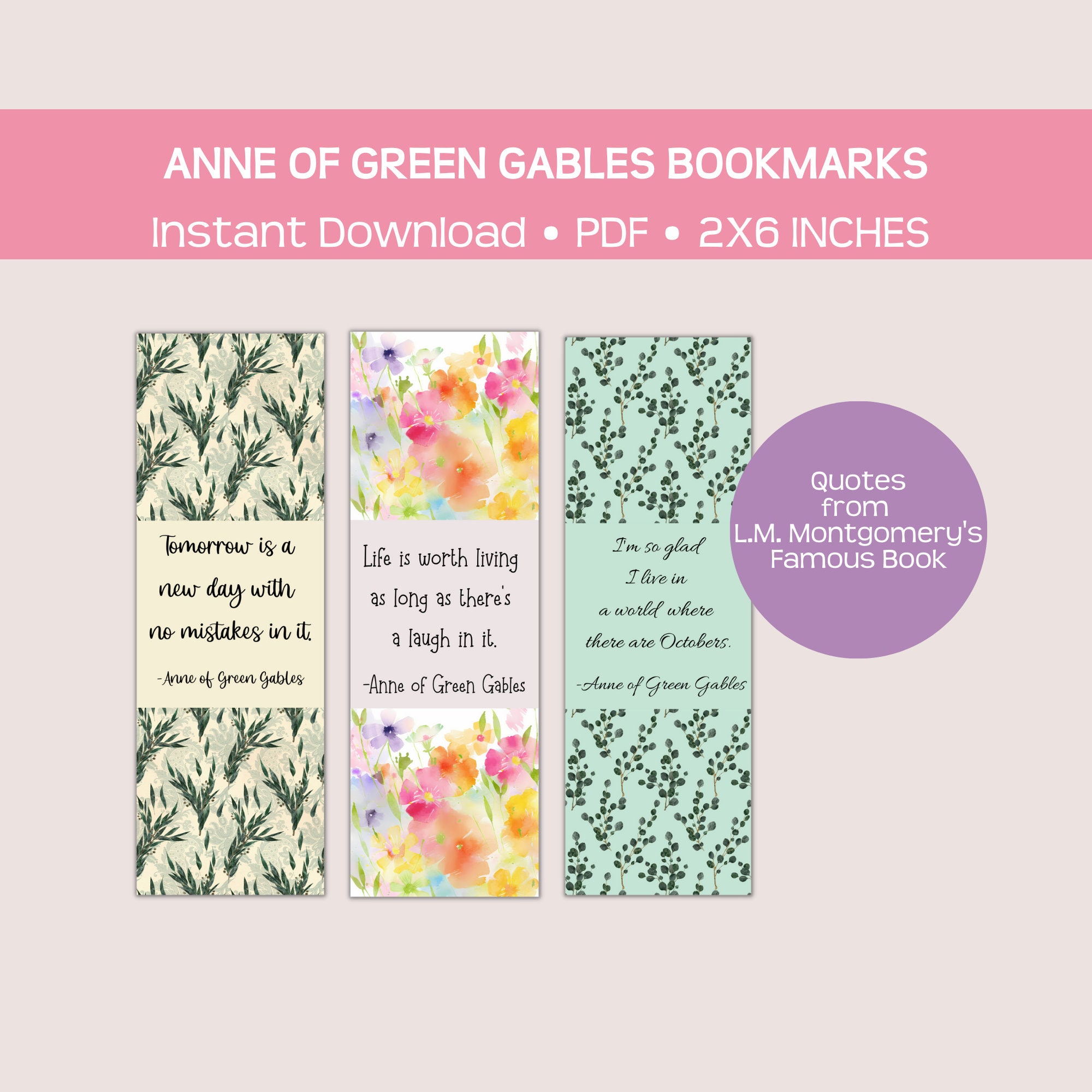 Printable Anne of Green Gables Bookmarks, L M Montgomery, Instant ...