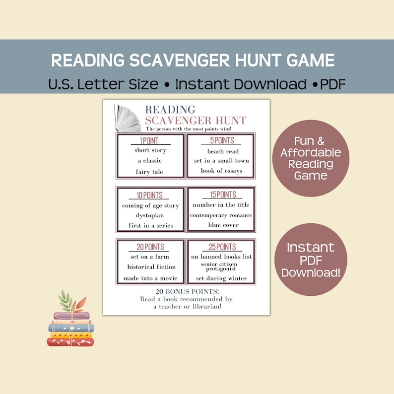 Printable Reading Scavenger Hunt Game, Instant Pdf Download, Fun ...