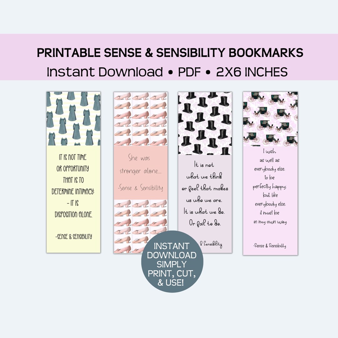 Printable Sense and Sensibility Bookmarks, Jane Austen Quotes (PDF ...