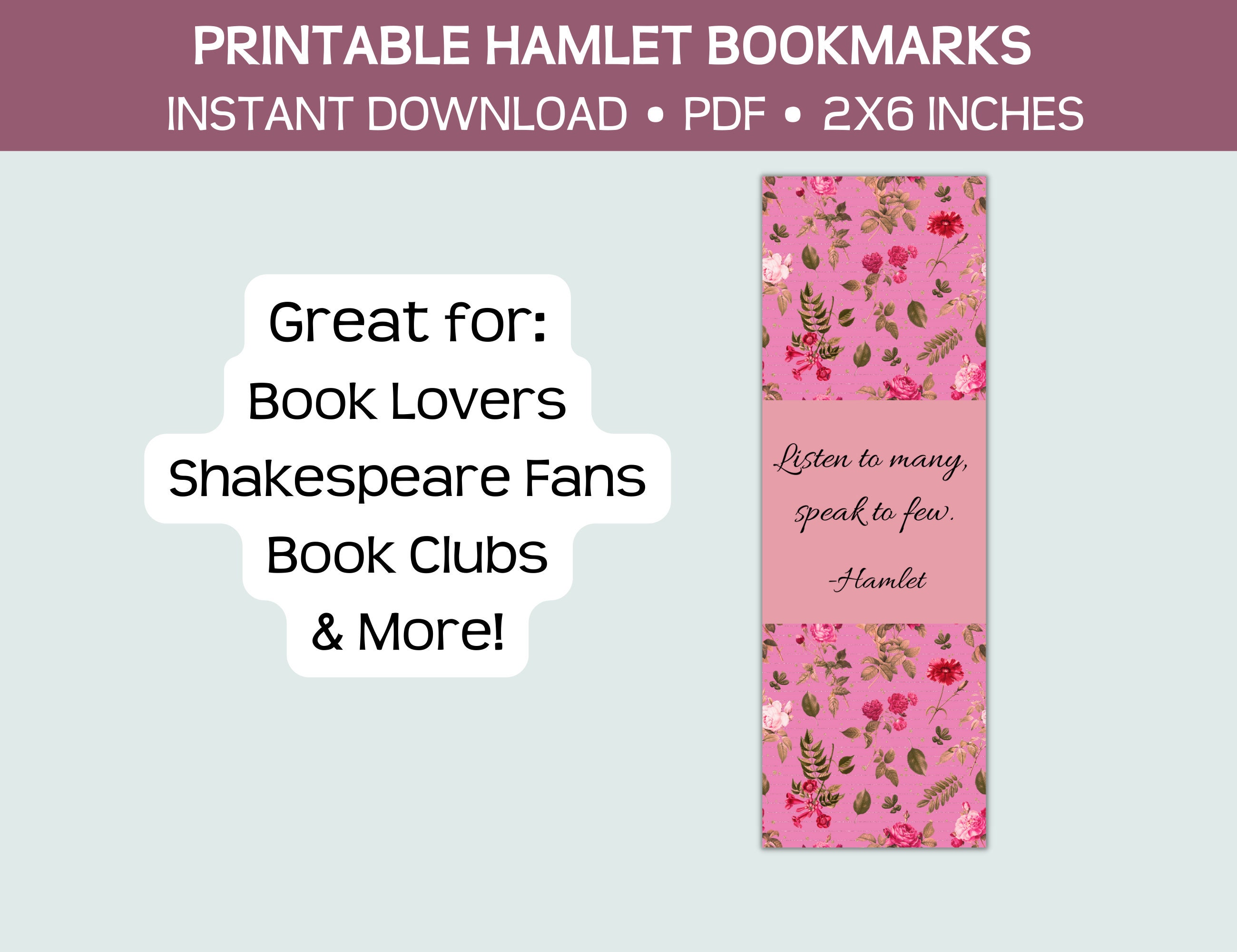 Printable Hamlet Bookmarks William Shakespeare Gift for Book - Etsy