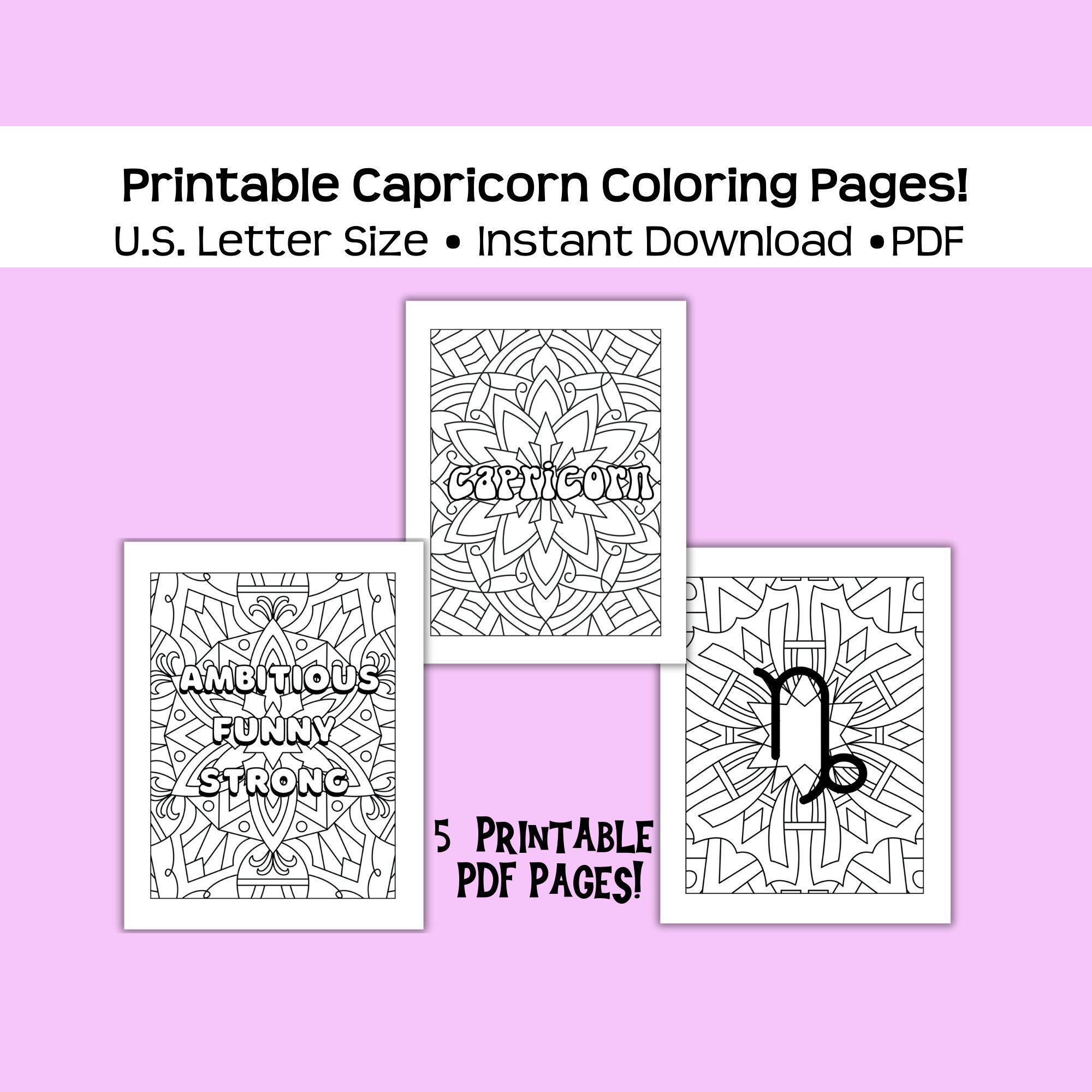 Printable Capricorn Zodiac Sign Adult Coloring Sheets, Instant PDF ...