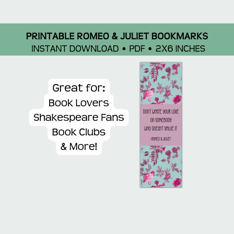 Romeo and Juliet Bookmarks: Shakespeare Quotes, Printable PDF - Etsy