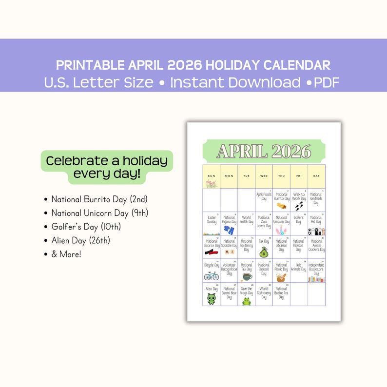 Printable April 2026 Holiday Calendar Page, Fun and Wacky Days, Instant ...