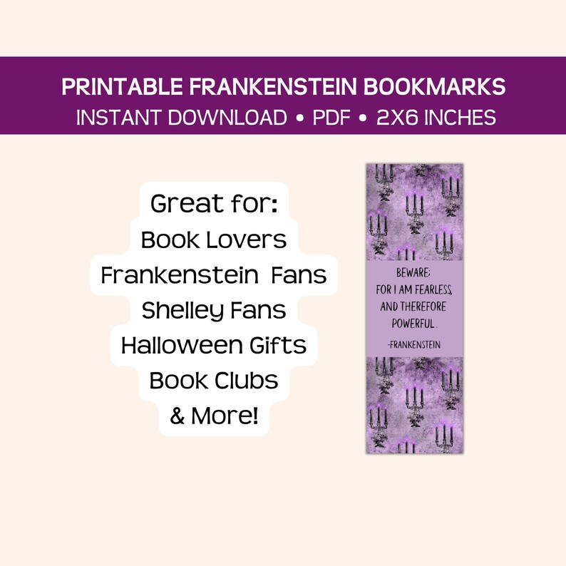 Printable Frankenstein Bookmarks, Mary Shelley, Gift for Book Lovers ...