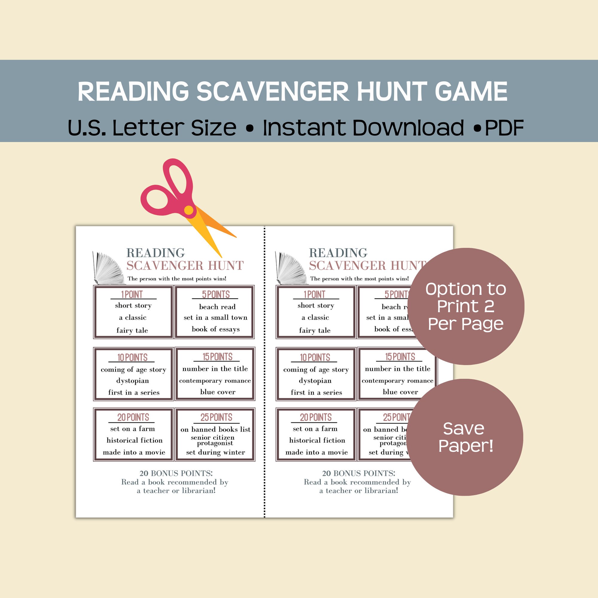 Printable Reading Scavenger Hunt Game, Instant Pdf Download, Fun ...