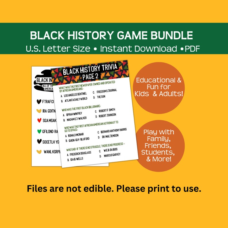 Black History Game Bundle, Word Search, Word Scramble, and Trivia ...
