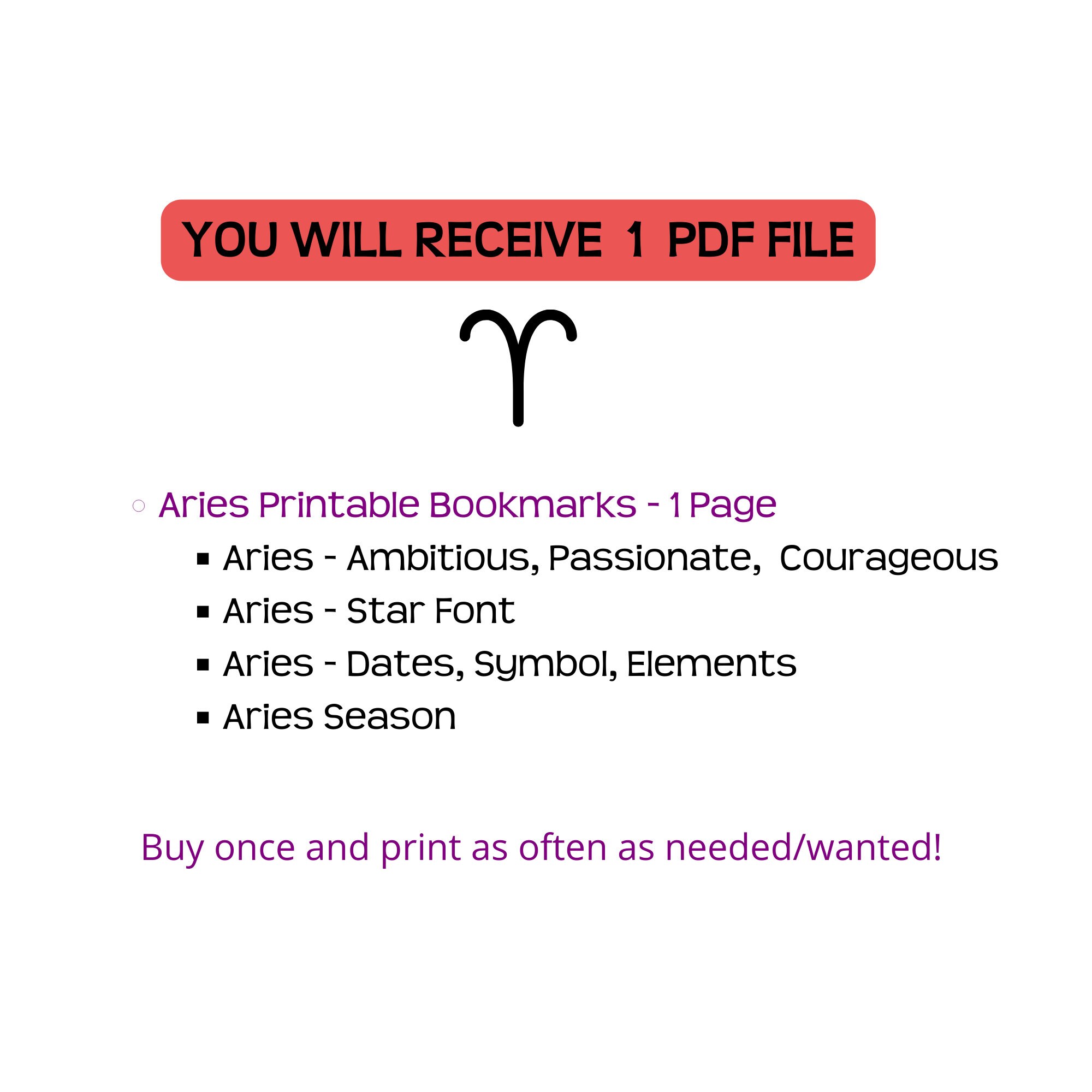 Printable Bookmarks, Aries Zodiac, Gift for Book Lovers and Astrology ...